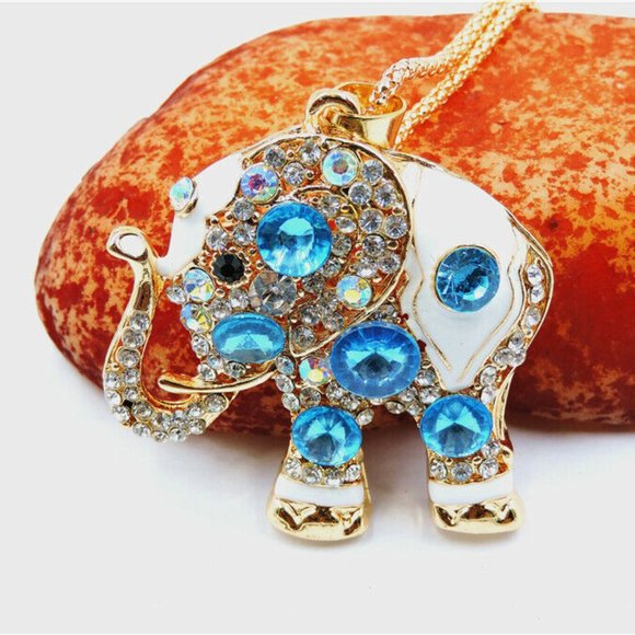 Unbranded | Jewelry | Blue Crystals On White Enamel Elephant Necklace | Poshmark